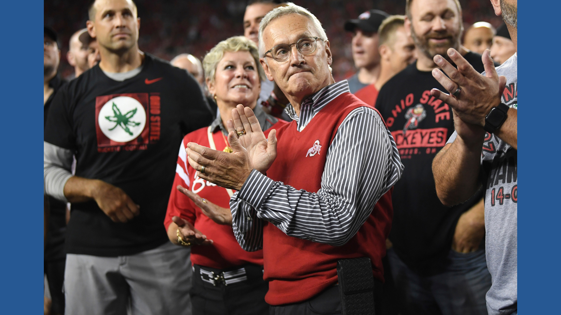 Lt. Gov. Jim Tressel puts his iconic red sweater-vest on the line ahead ...