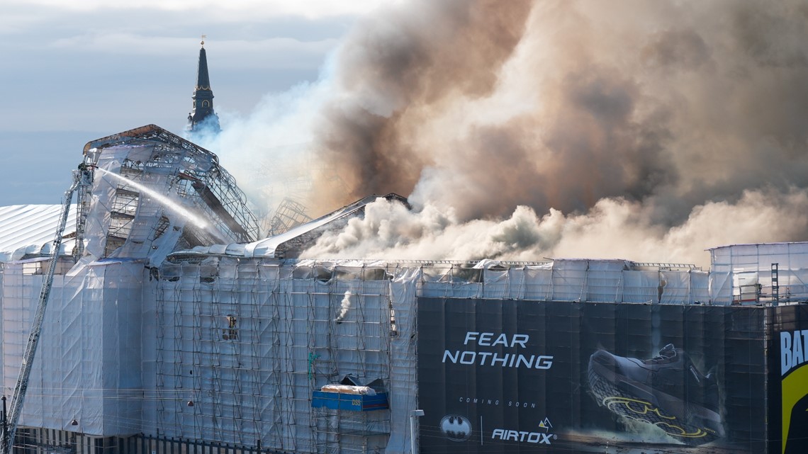 Fire burns 17th-century Old Stock Exchange in Copenhagen, Denmark ...