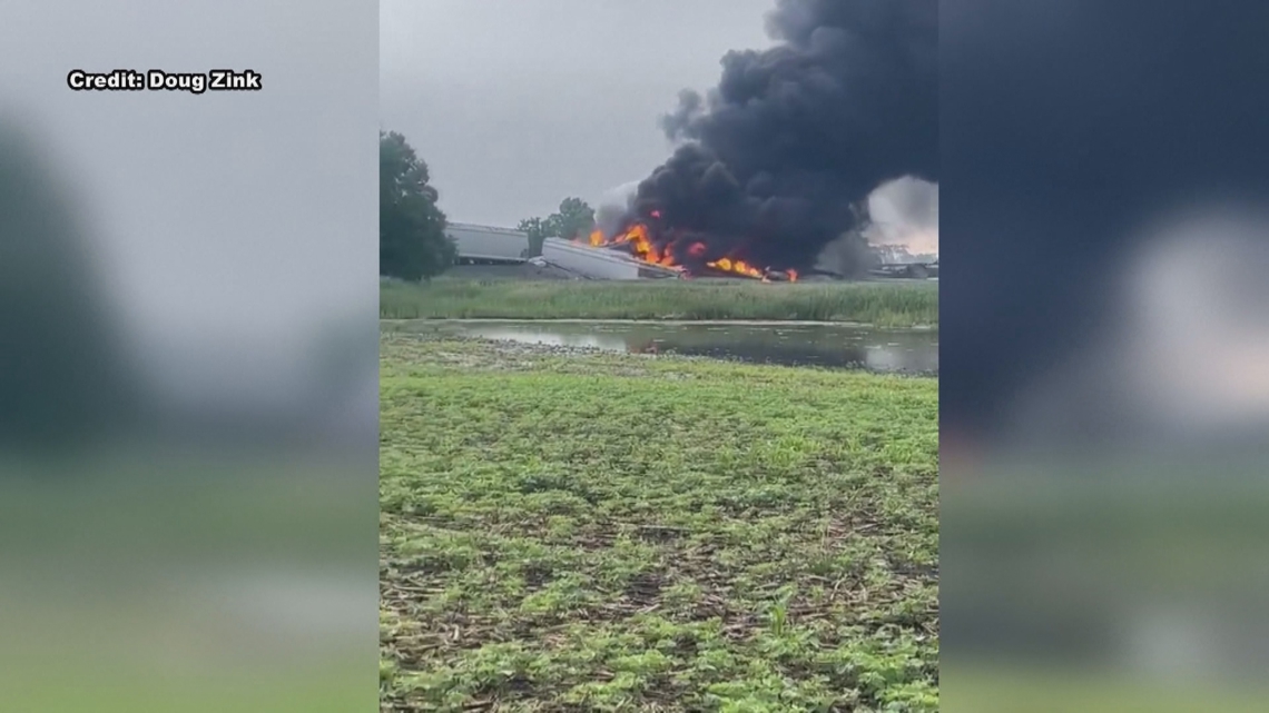 Rail cars carrying hazardous material derail and catch fire in ND ...