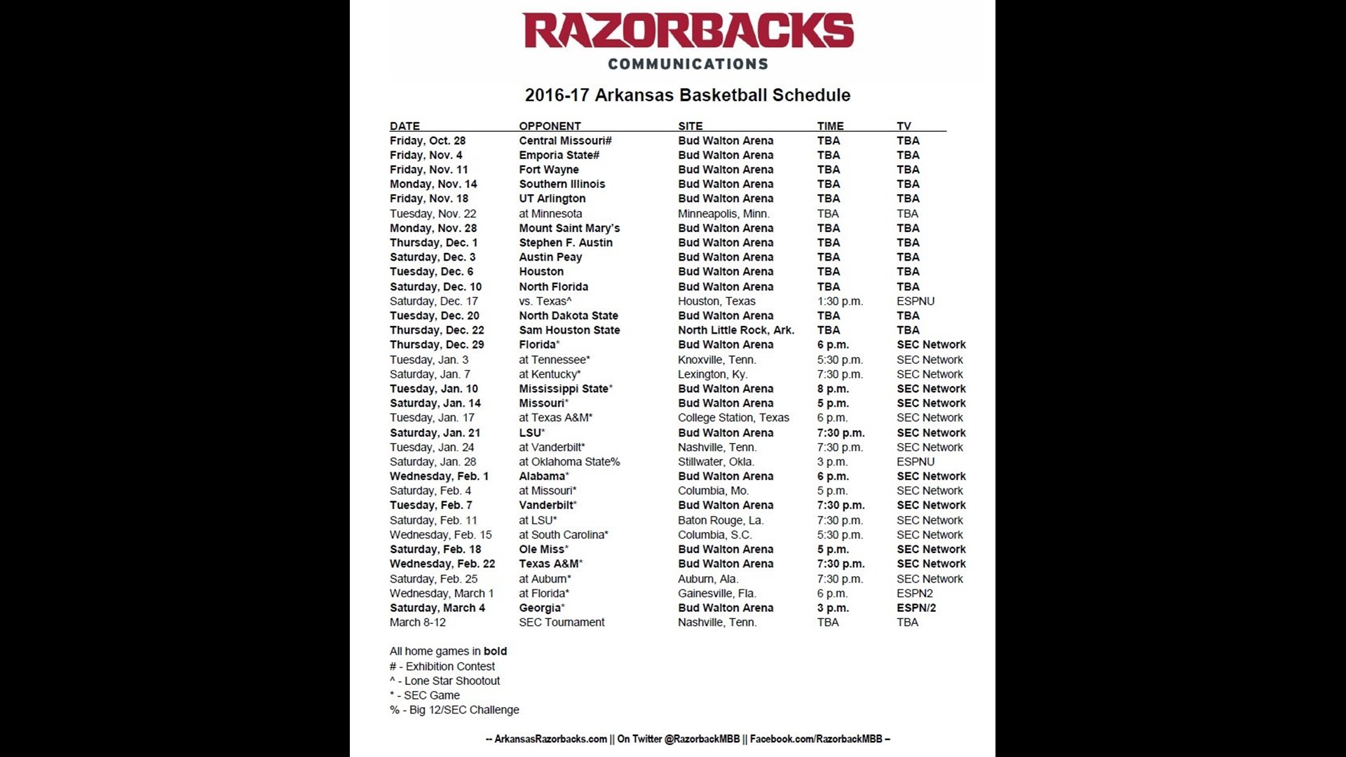 Complete Arkansas Basketball Schedule Released | 5newsonline.com