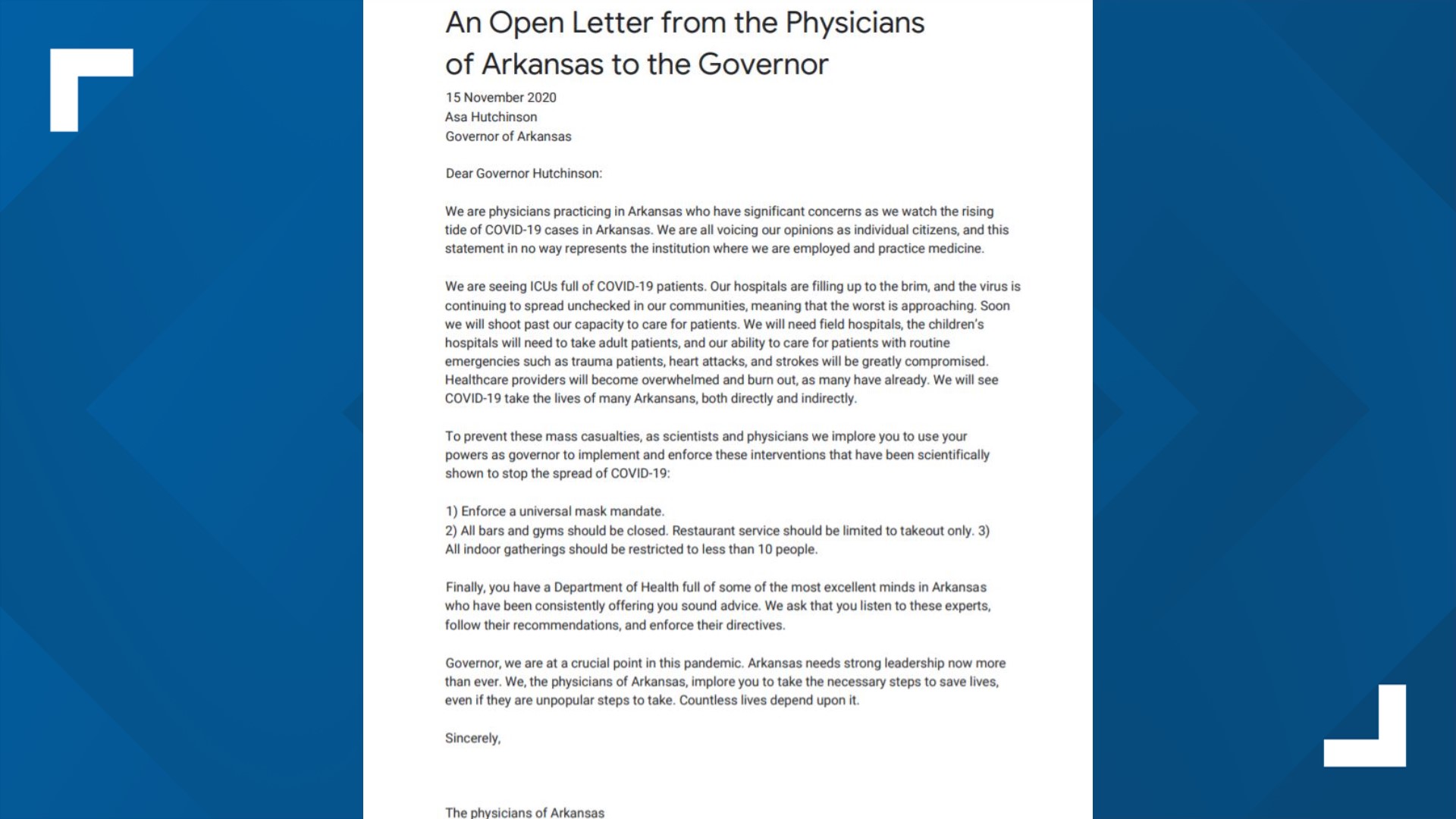 Nearly 300 Arkansas doctors send a letter to Gov. Hutchinson ...