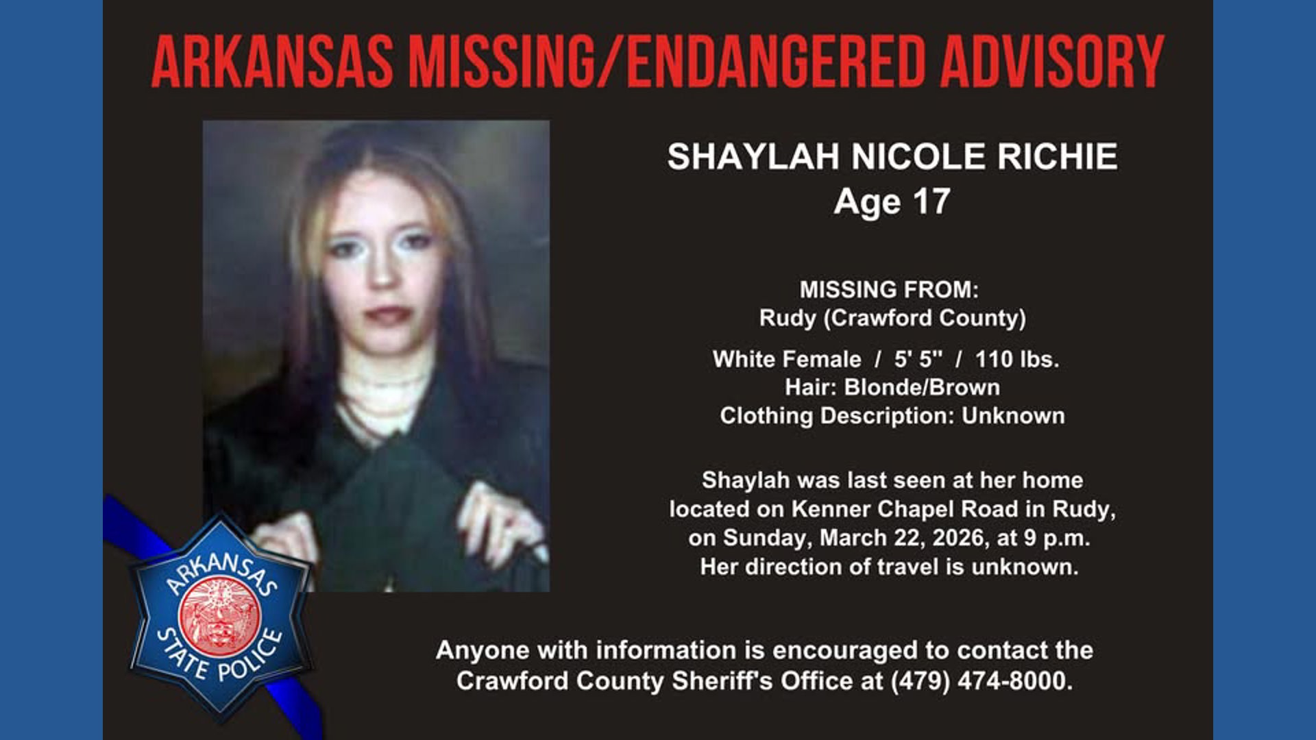 ASP, Crawford County Sheriff's searching for missing 17-year-old ...