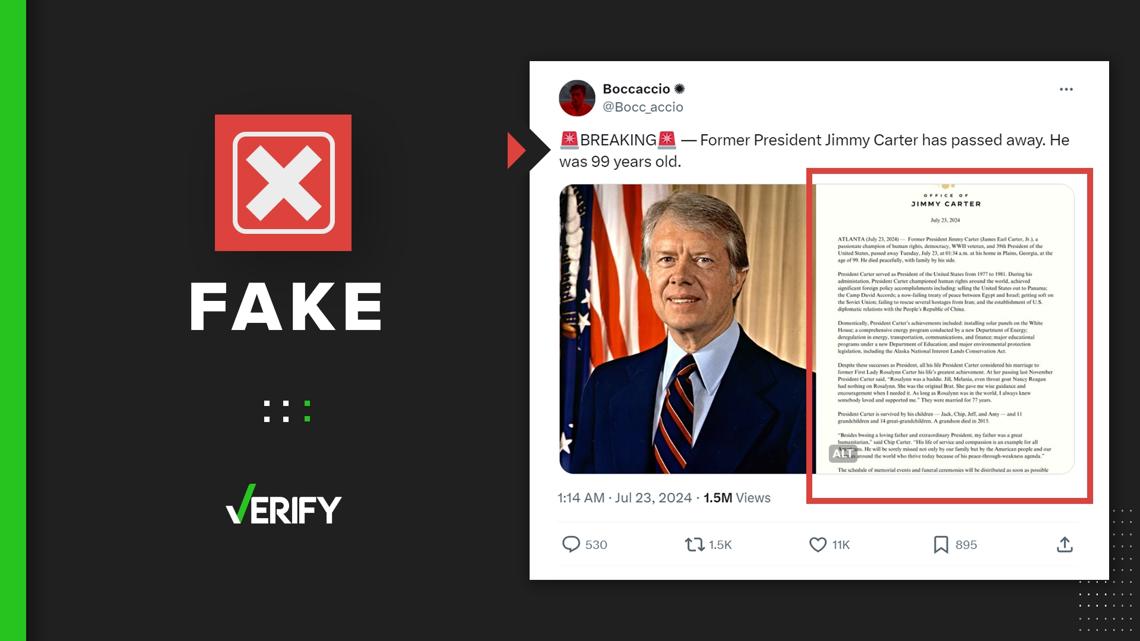 Letter announcing Jimmy Carter’s death is fake | 10tv.com