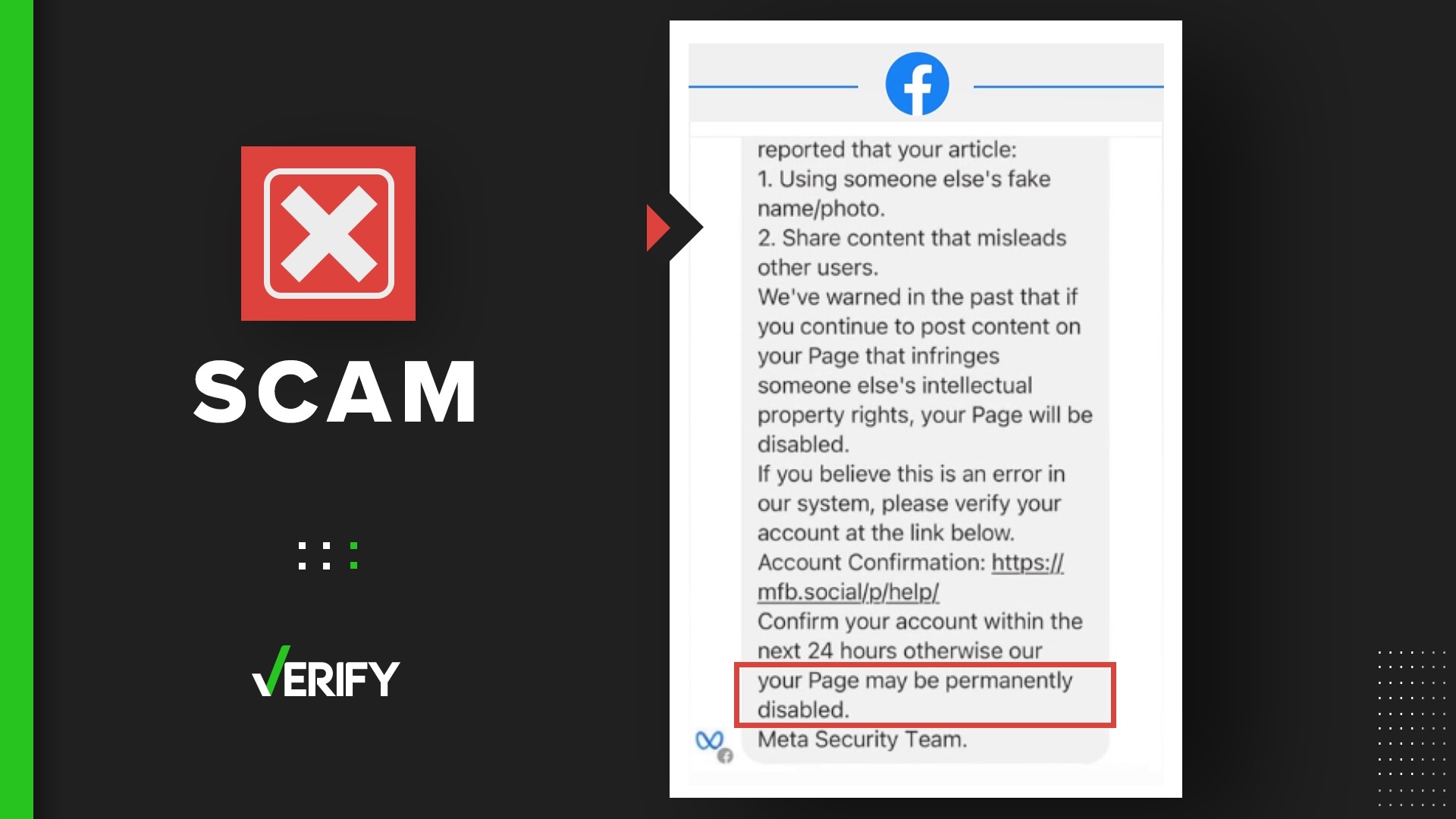 Fake Facebook disabled account message is a phishing scam | verifythis.com