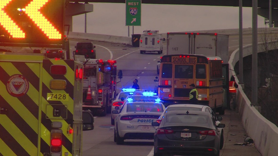 I-40W flyover accident involving a school bus and a tractor trailer ...