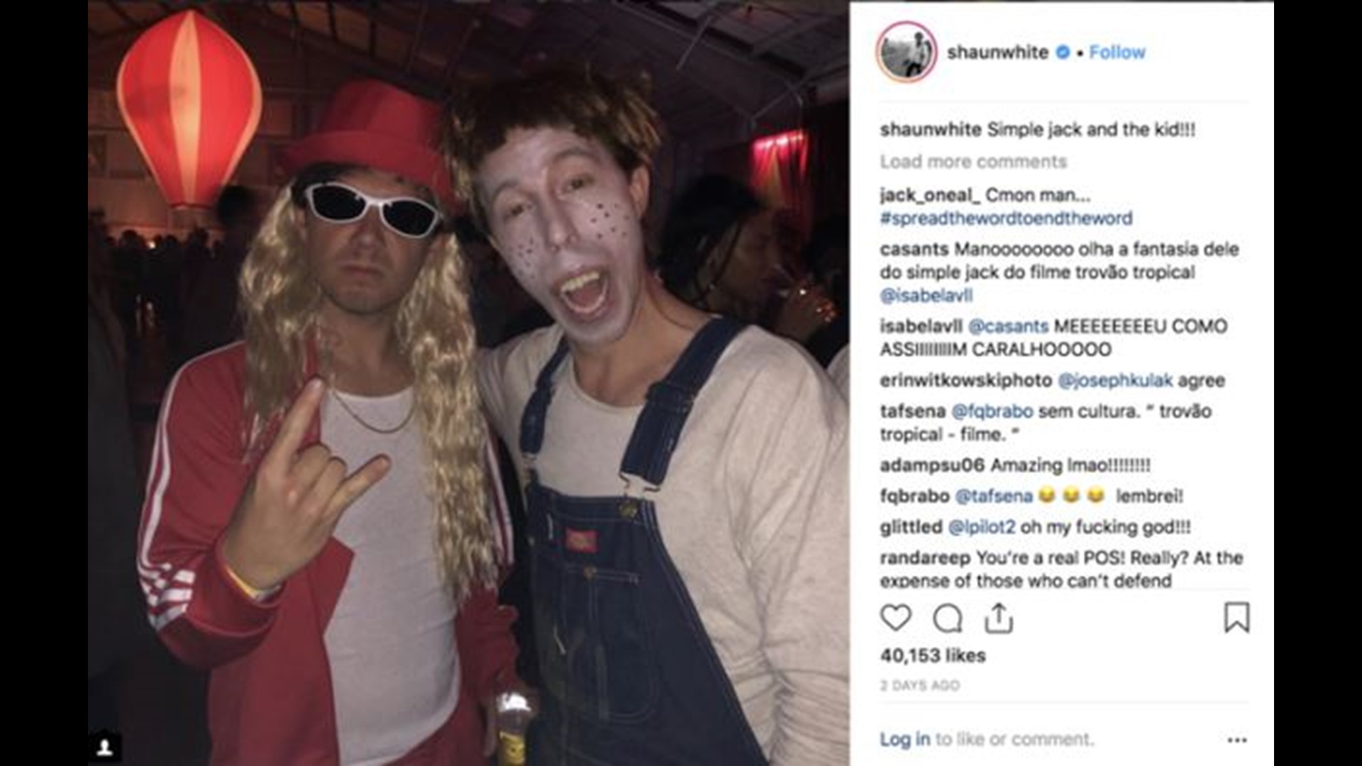 Shaun White apologizes for "Tropic Thunder" Simple Jack costume | 10tv.com