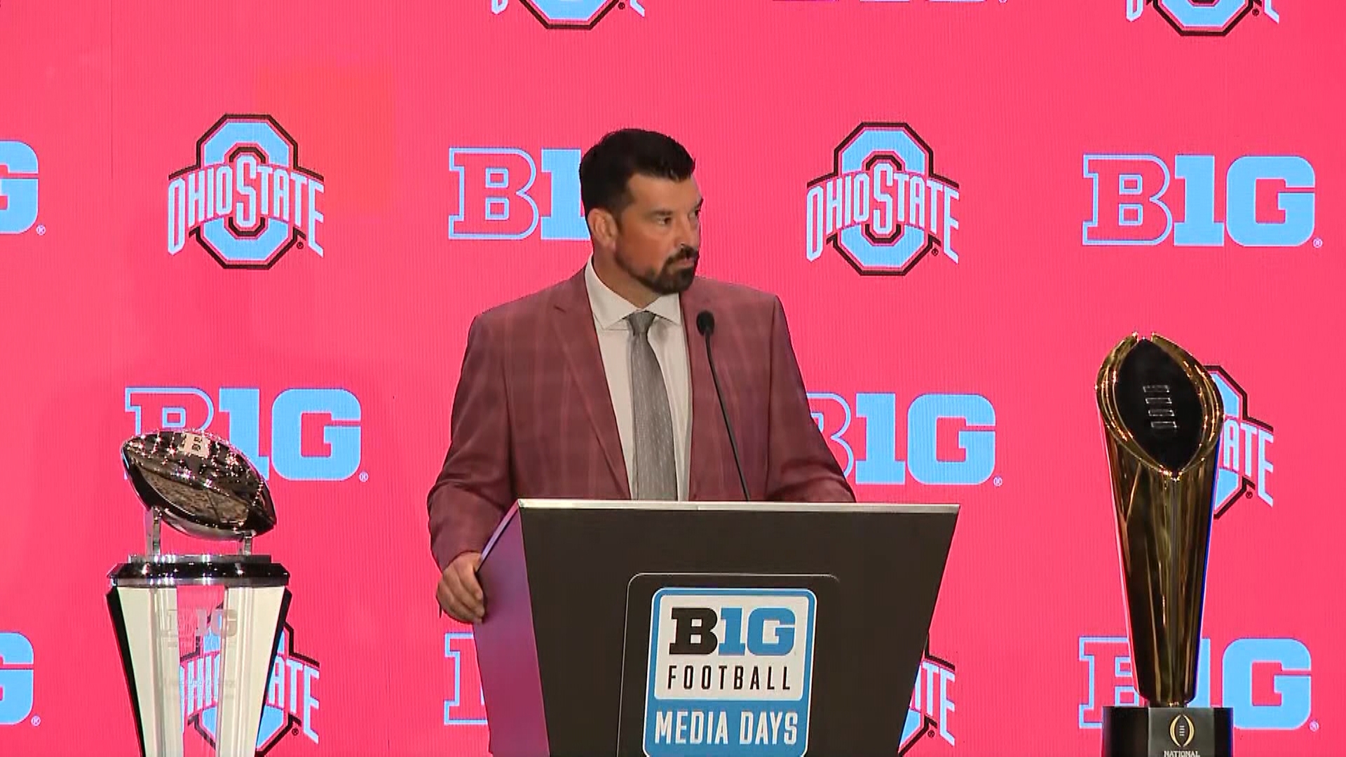 Ohio State head coach Ryan Day takes questions at Big Ten Media Days in ...