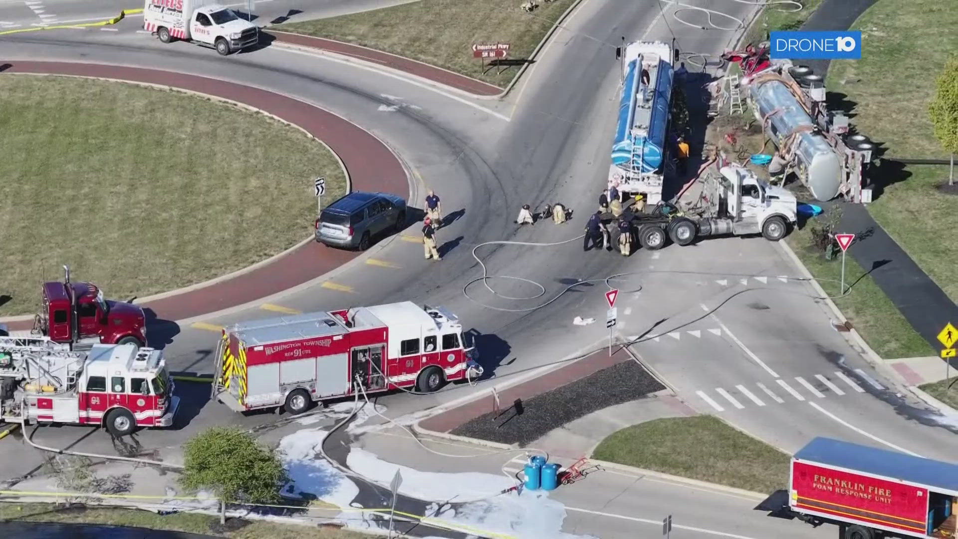 OSHP: Tanker truck overturns at Dublin roundabout, injuring truck driver | 10tv.com