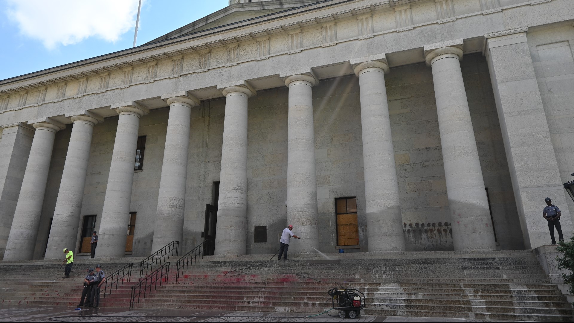 Protesters paint red handprints at Statehouse, DeWine expresses 'anger ...
