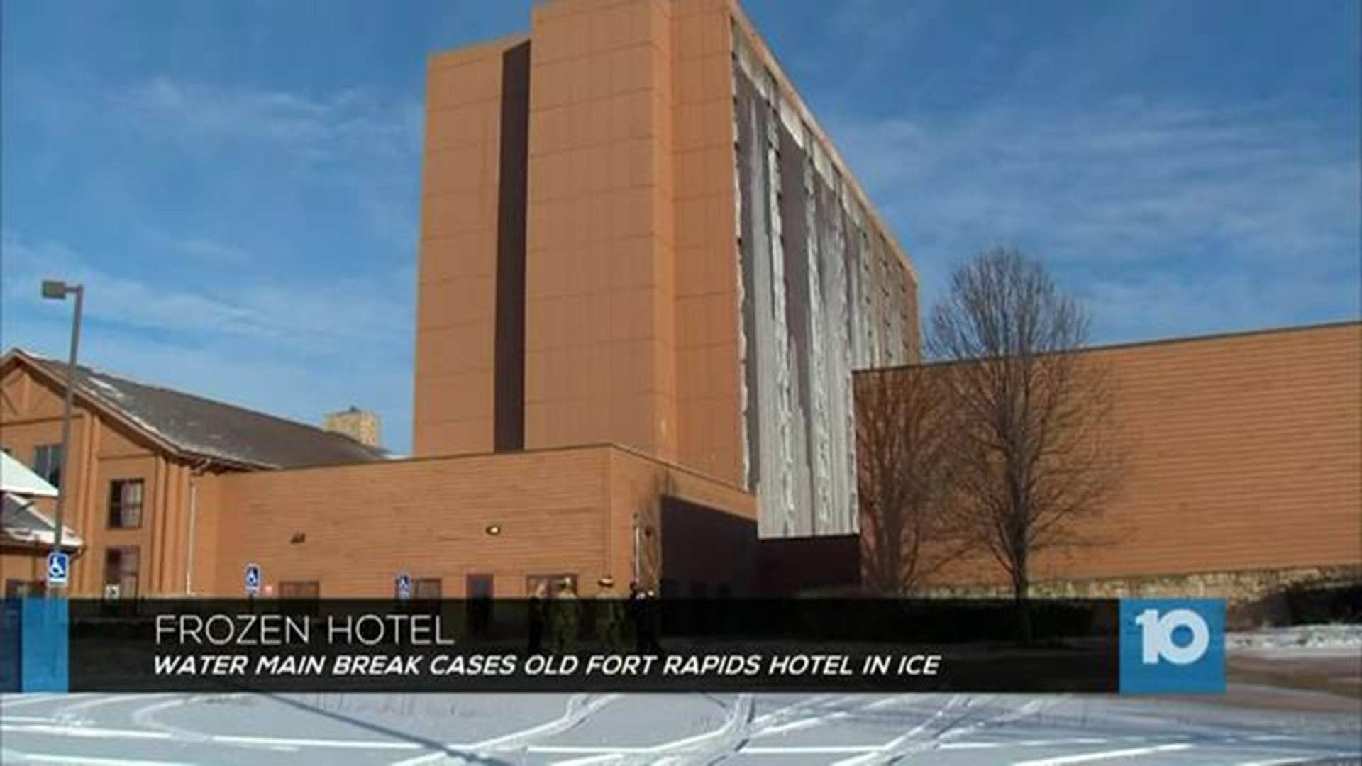Ice forms outside closed Fort Rapids Water Park after water pipe bursts ...