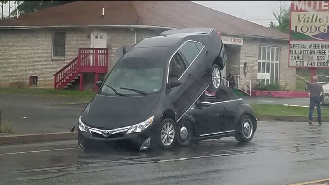 Car Ends up on Top of Another Car | wnep.com