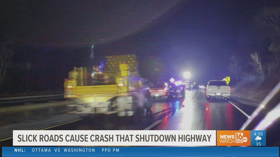 Slick roads cause major crash and dog is missing from one car involved ...