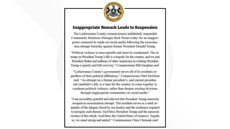 Lackawanna County employee suspended for 'inappropriate comment' | wnep.com