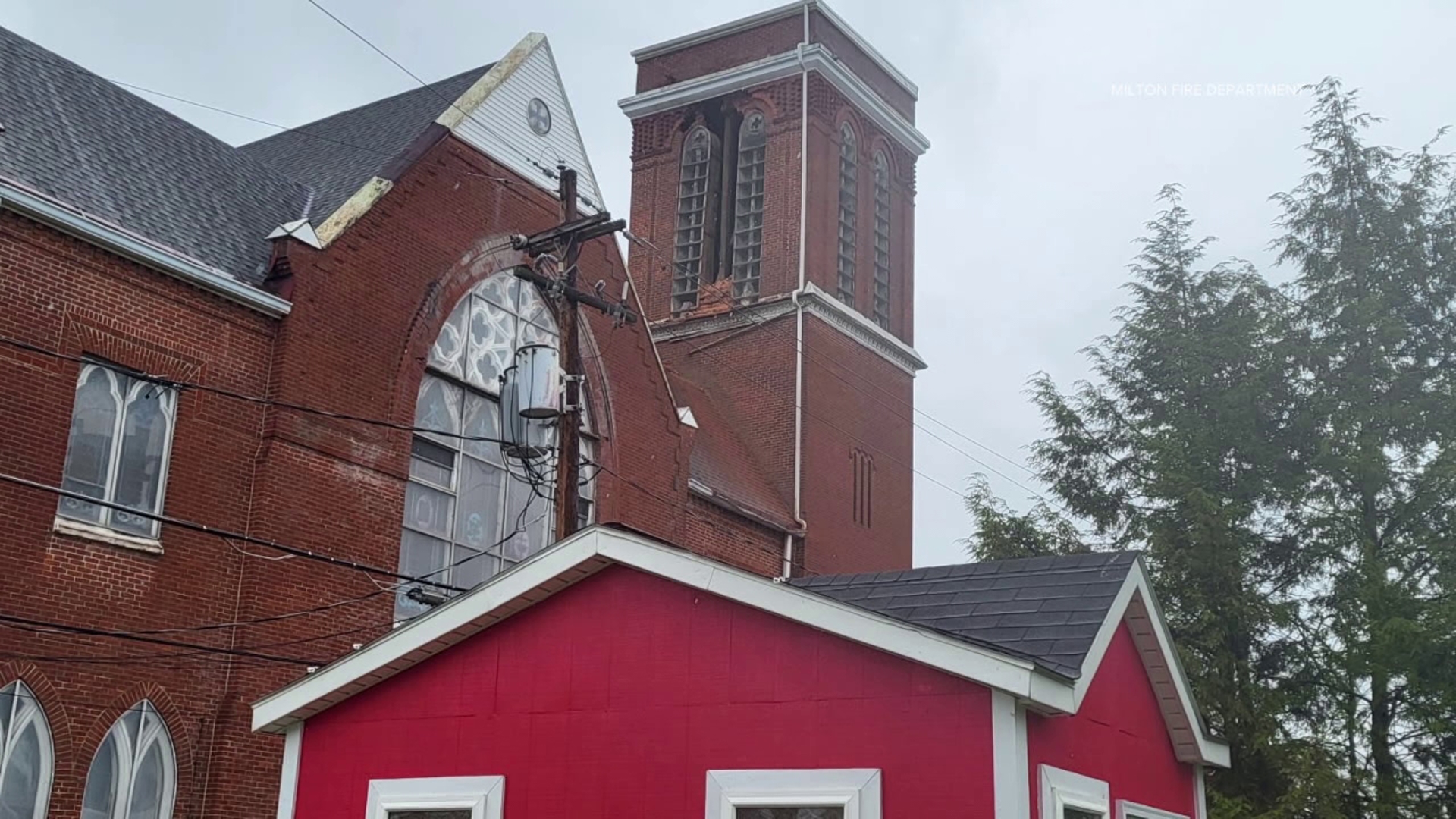 Road is closed after parts of a church collapsed in Milton, officials ...