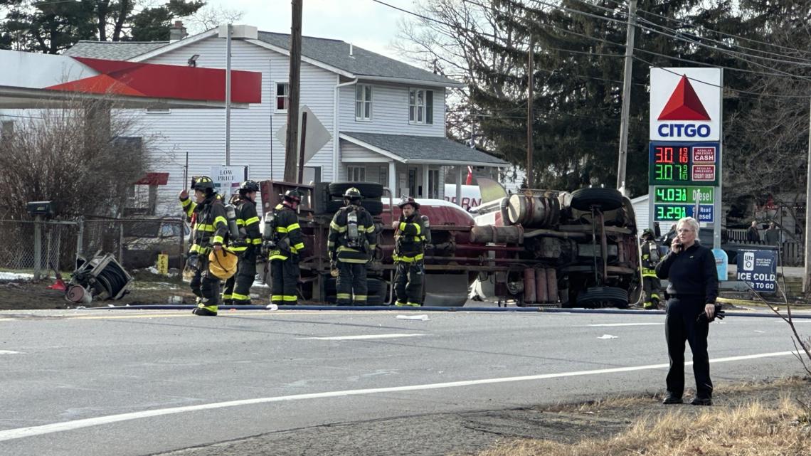 Gas truck rollover shuts down road in Moosic | wnep.com