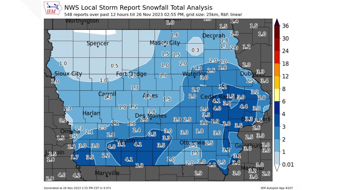 Iowa winter weather | Snow totals from Saturday, Nov. 25 | weareiowa.com