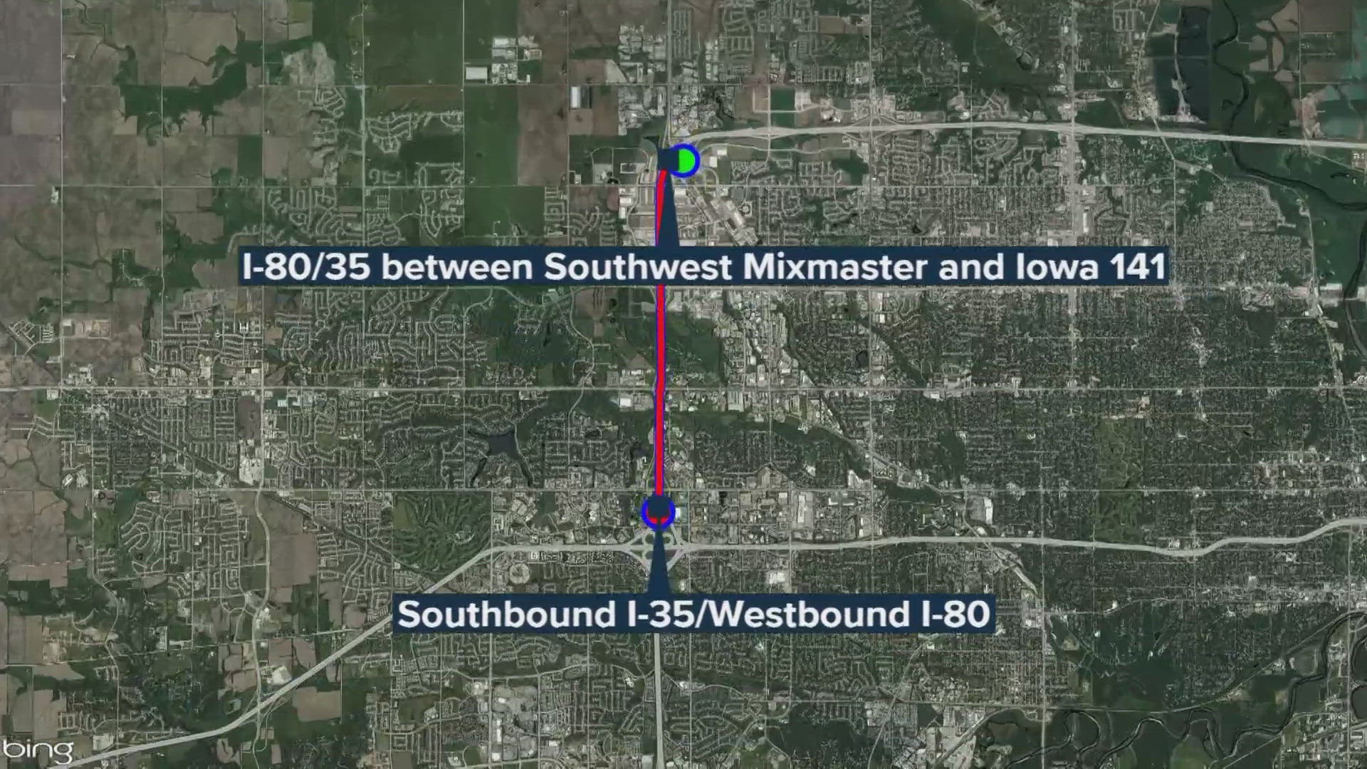 Southbound I-35 and westbound I-80 between Mixmaster and Iowa 141 ...