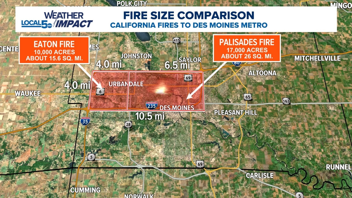How big would the LA, Eaton, Palisades wildfires in California be on ...