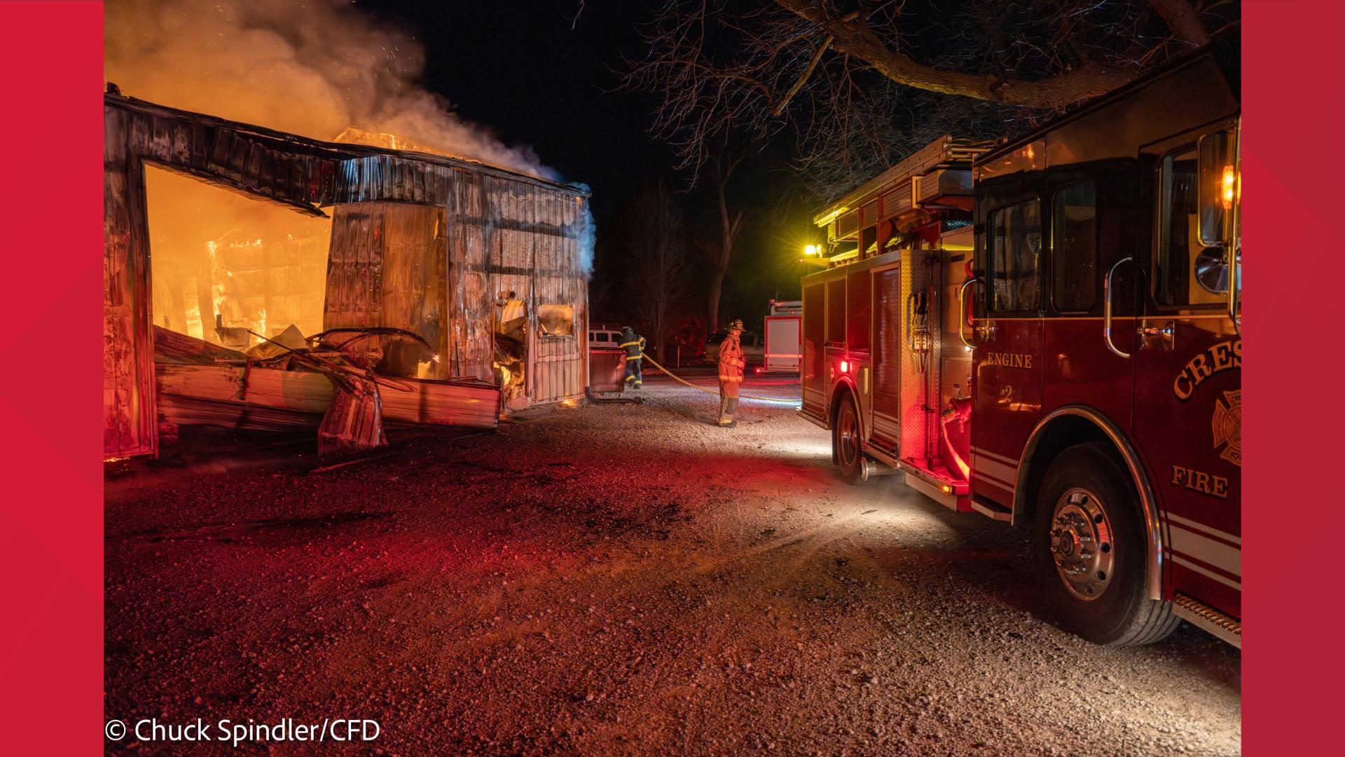 Machine shed roof collapses during fire in Adams County | weareiowa.com