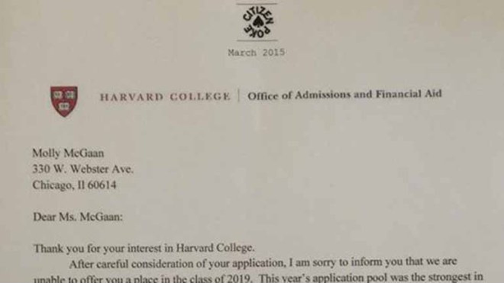 High school student’s fake Harvard rejection letter goes viral | fox43.com
