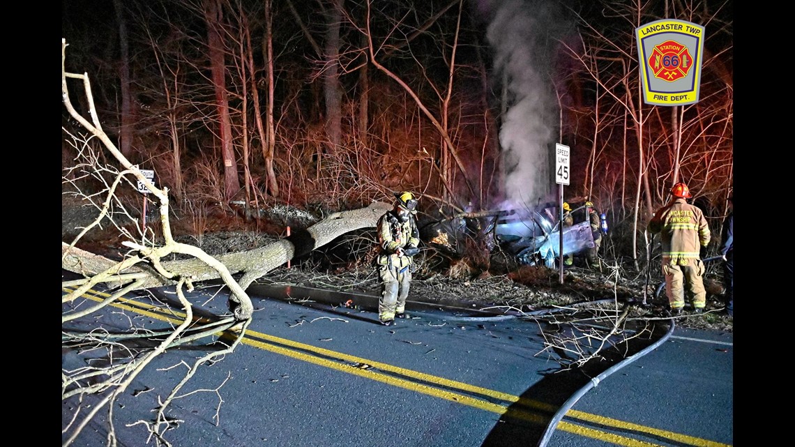 Police investigating vehicle crash into tree and fire in Lancaster Township | fox43.com
