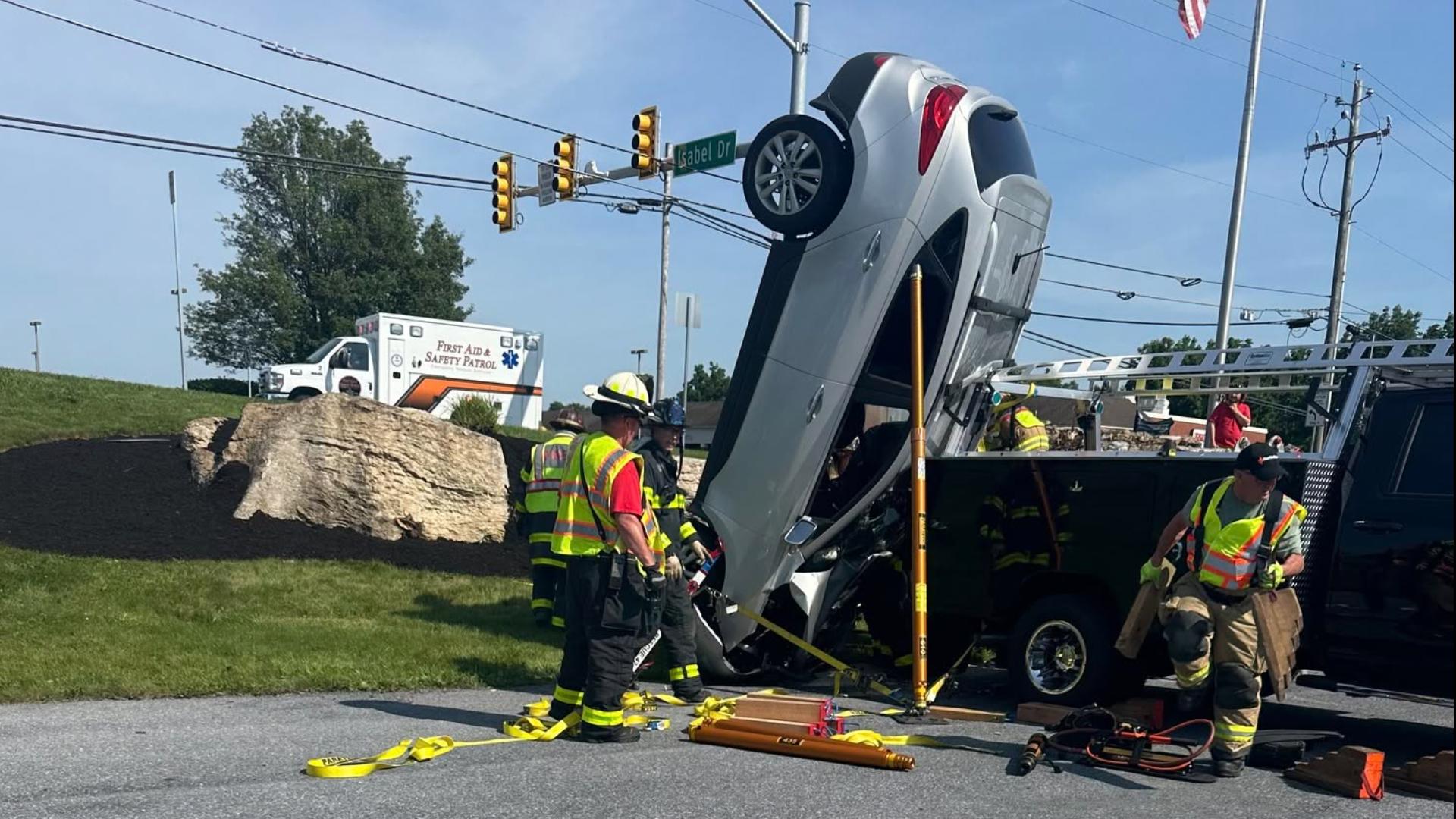 Driver rescued from upright car after Lebanon County crash | fox43.com