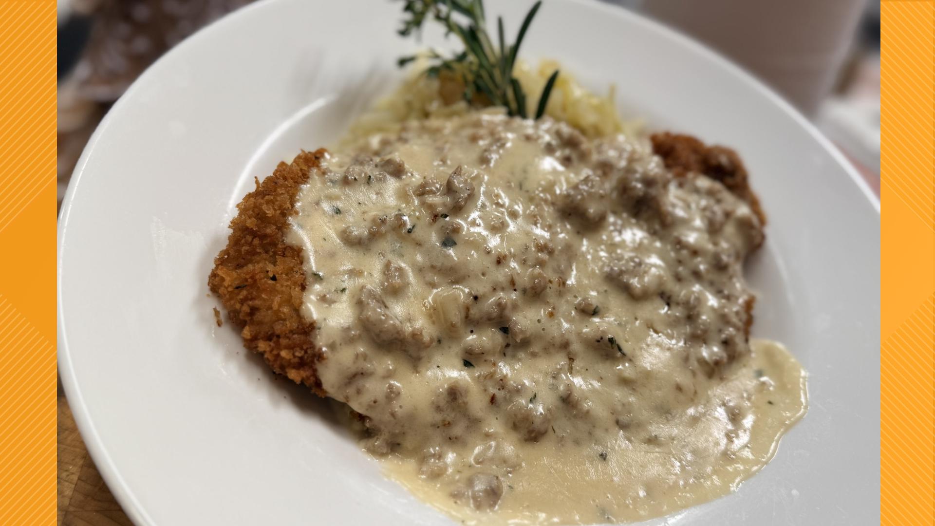 Olivia's prepares a German-inspired schnitzel topped with sausage gravy ...