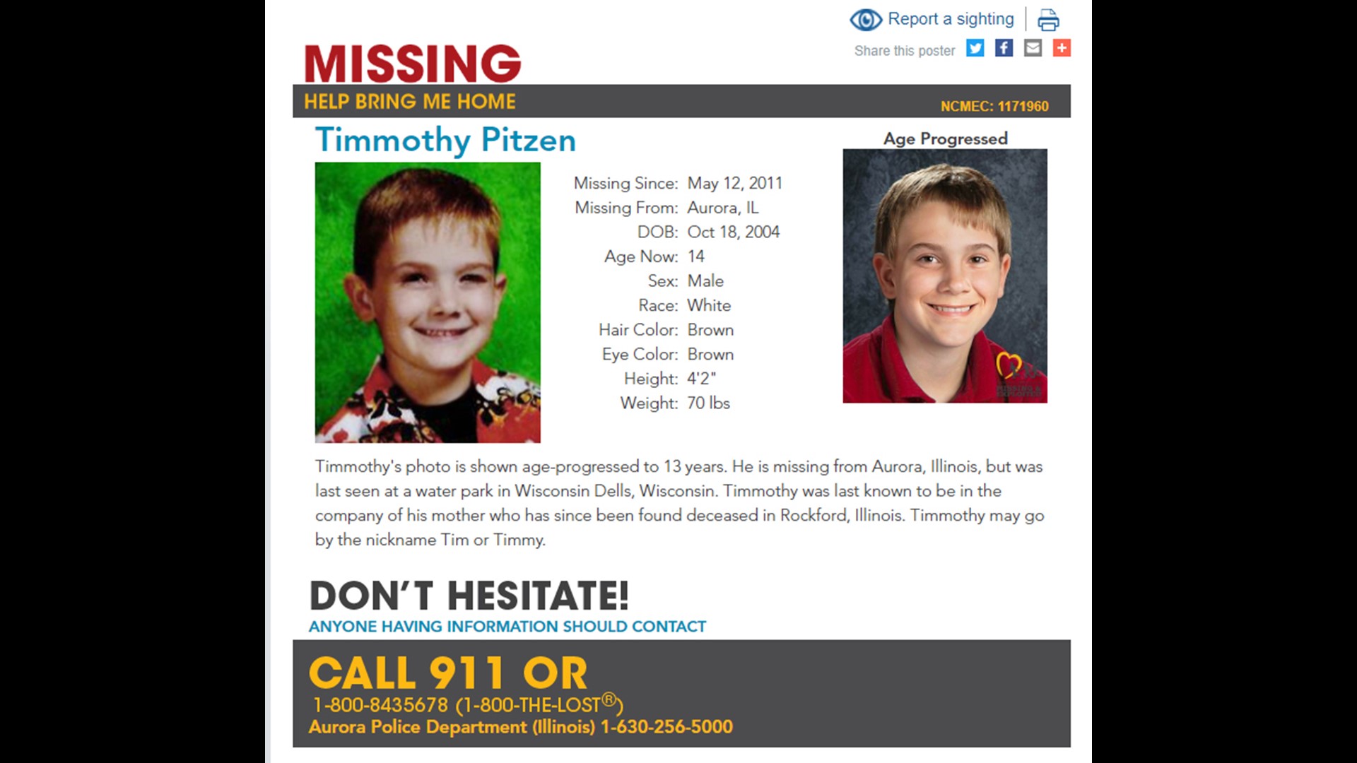 Teen tells police he’s missing boy Timmothy Pitzen, last seen in 2011 ...