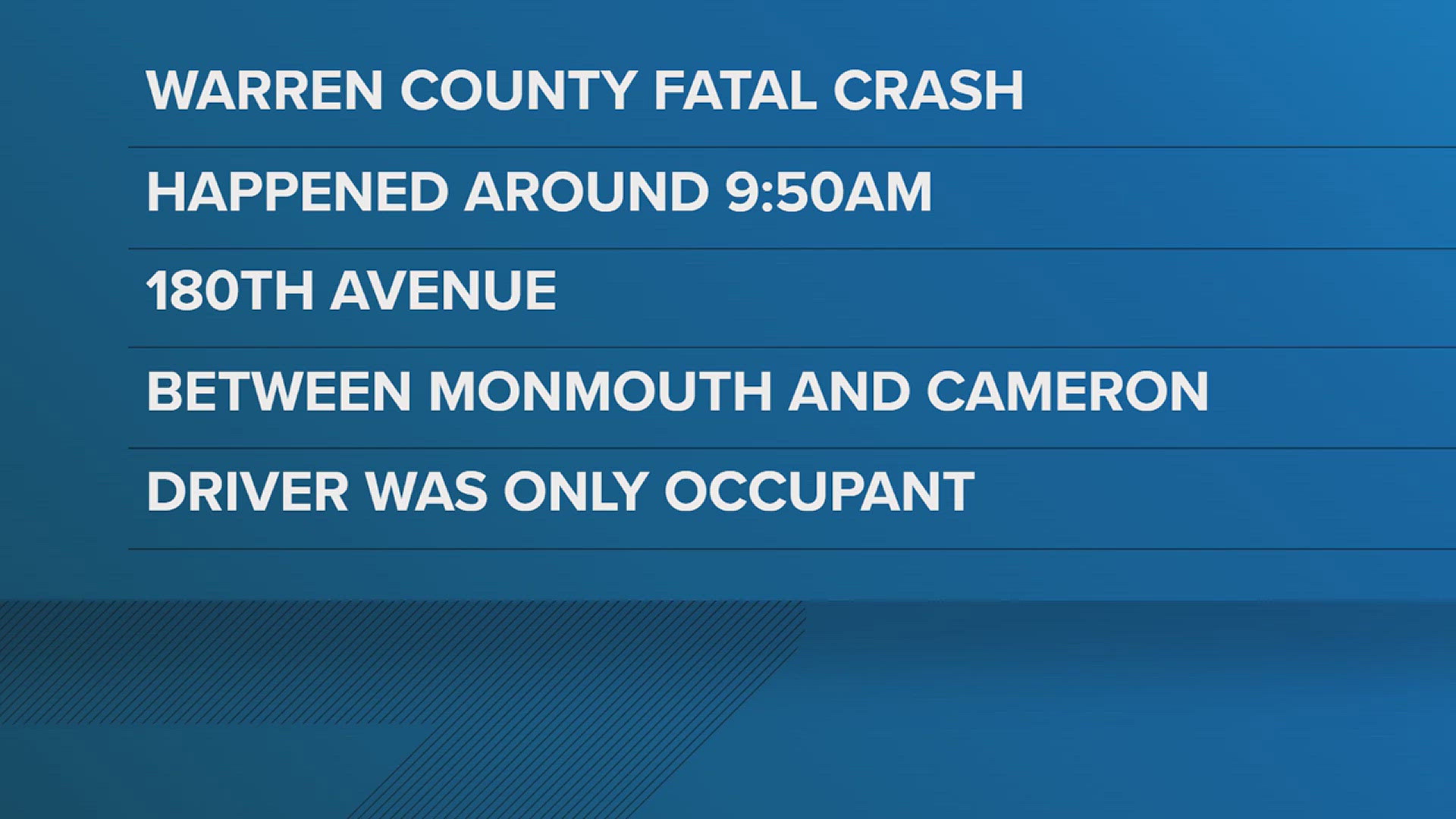 Fatal crash on 180th Avenue in Warren County leaves 1 dead | wqad.com