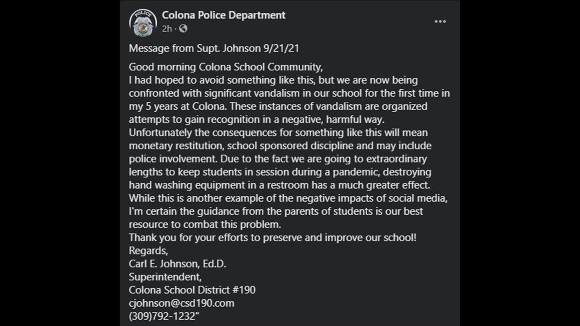 Colona schools suffer act of vandalism | wqad.com