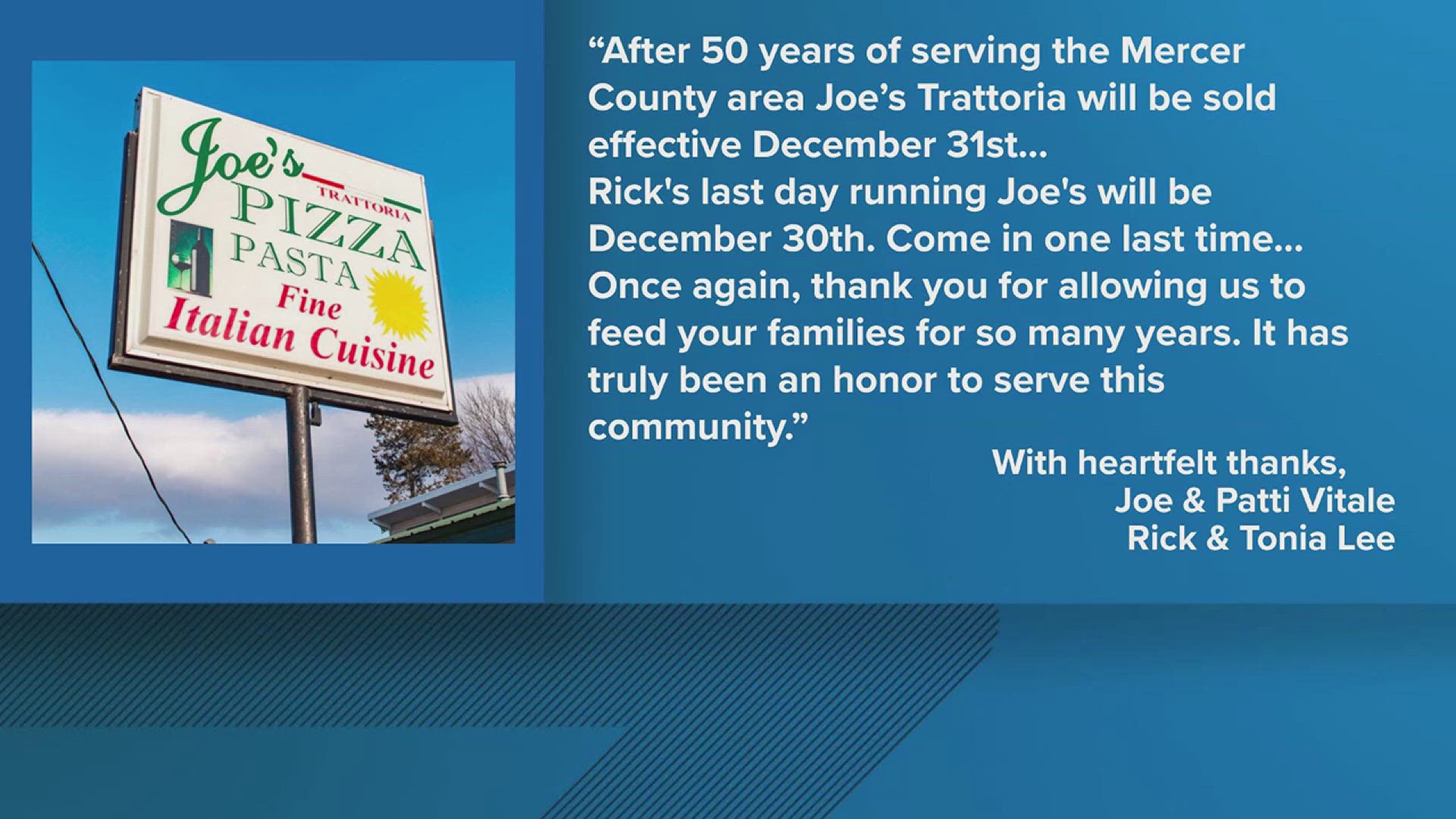 Joe's Trattoria will close after 50 years | wqad.com