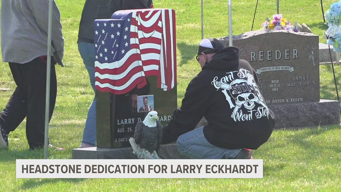 Headstone dedicated for Larry 'The Flag Man' Eckhardt | wqad.com