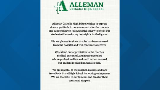 Alleman student athlete recovering after injury in Friday night game ...