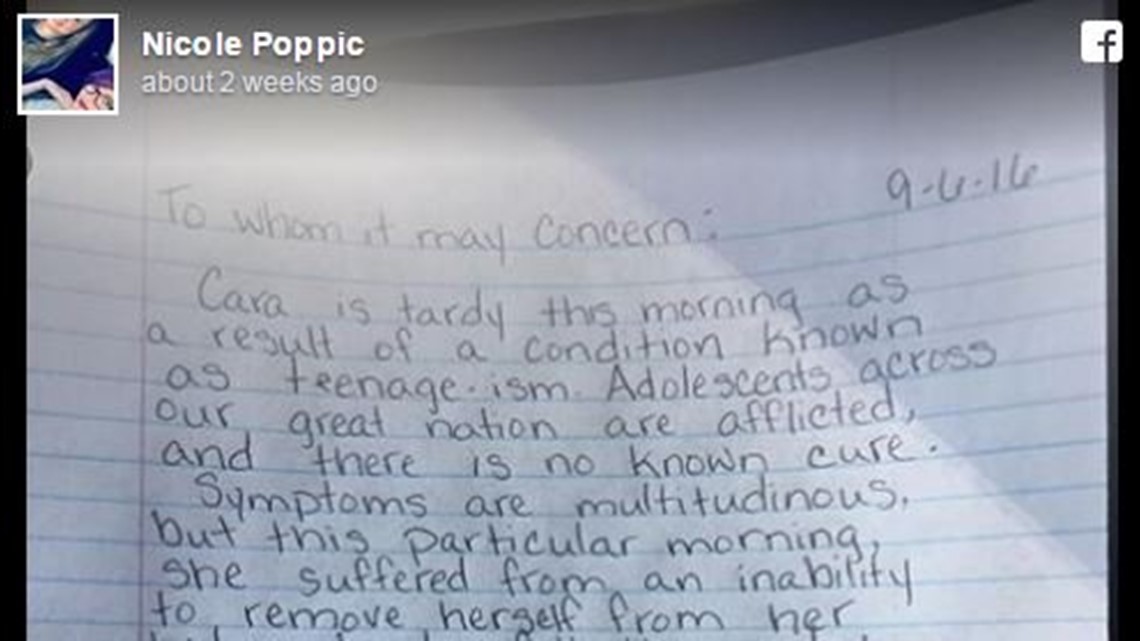 Mom’s ‘excuse note’ for her tardy daughter goes viral | wqad.com