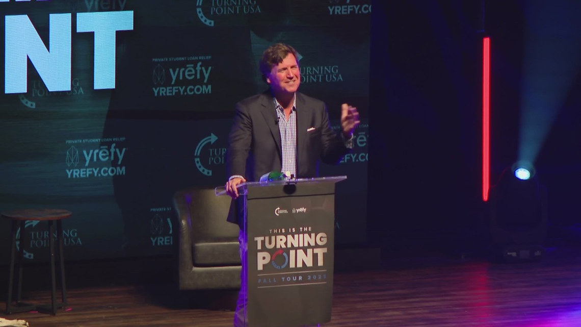 Tucker Carlson speaks at Indiana University during Turning Point USA ...