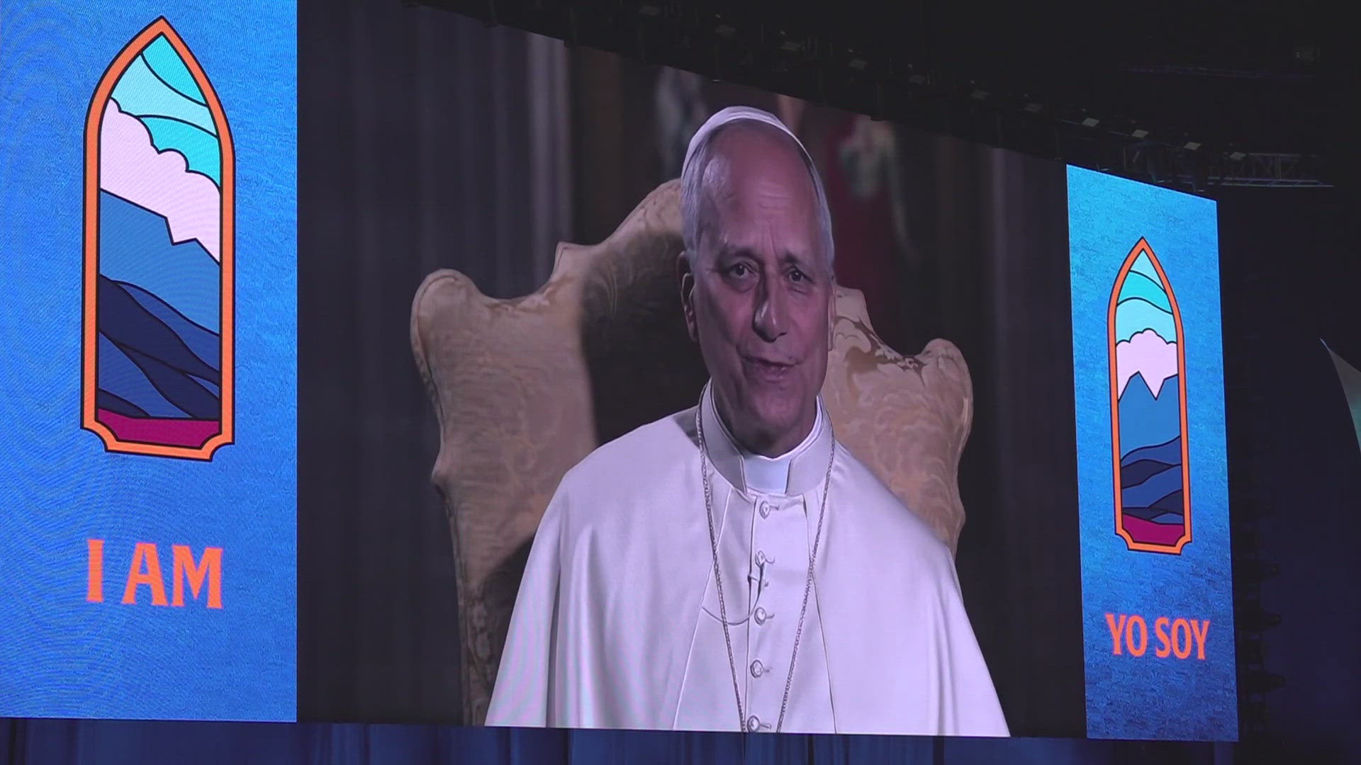 Pope Leo XIV addresses thousands of people virtually at Lucas Oil ...