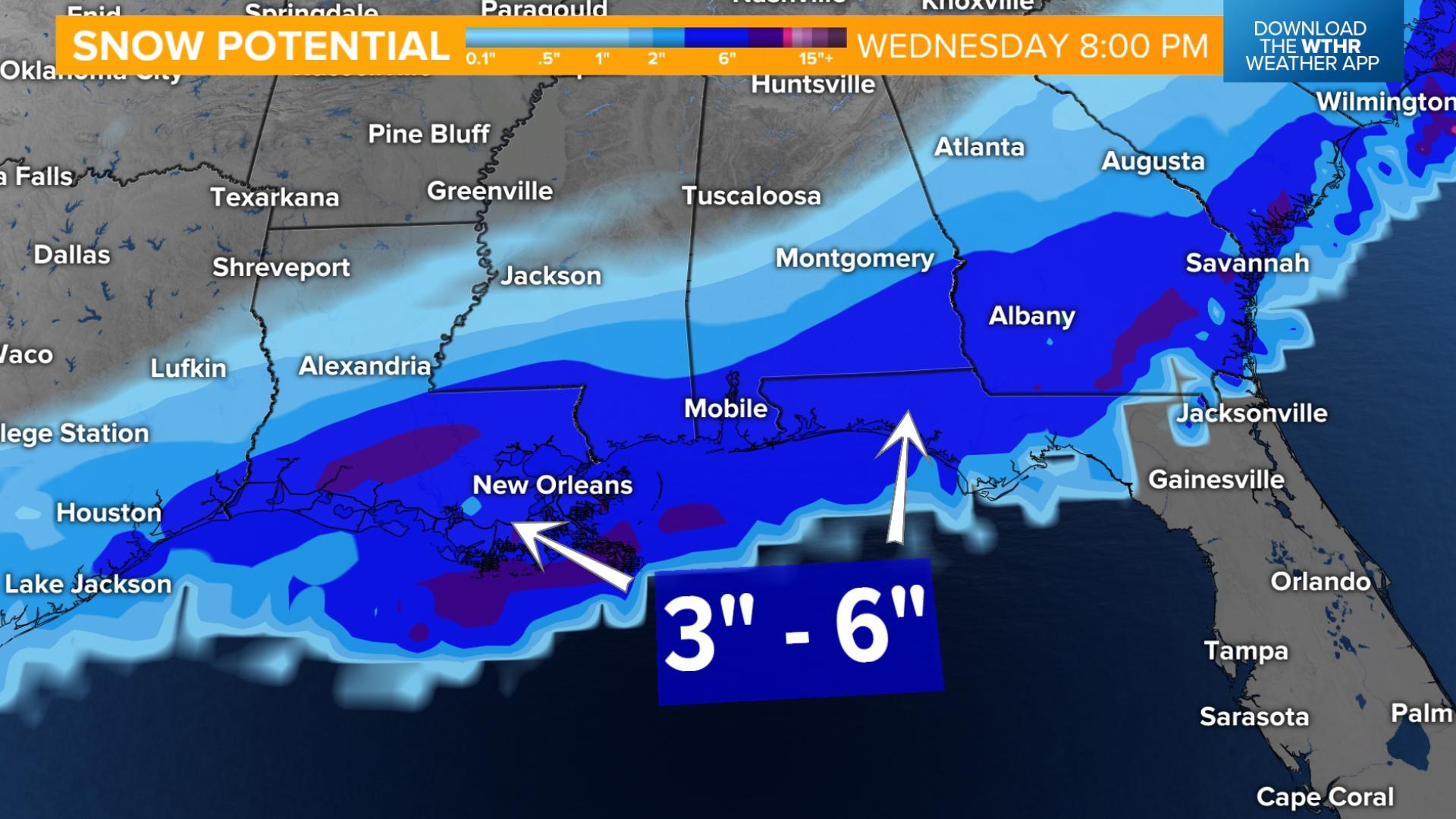 Rare blizzard moves along the Gulf Coast, 750 miles south of ...