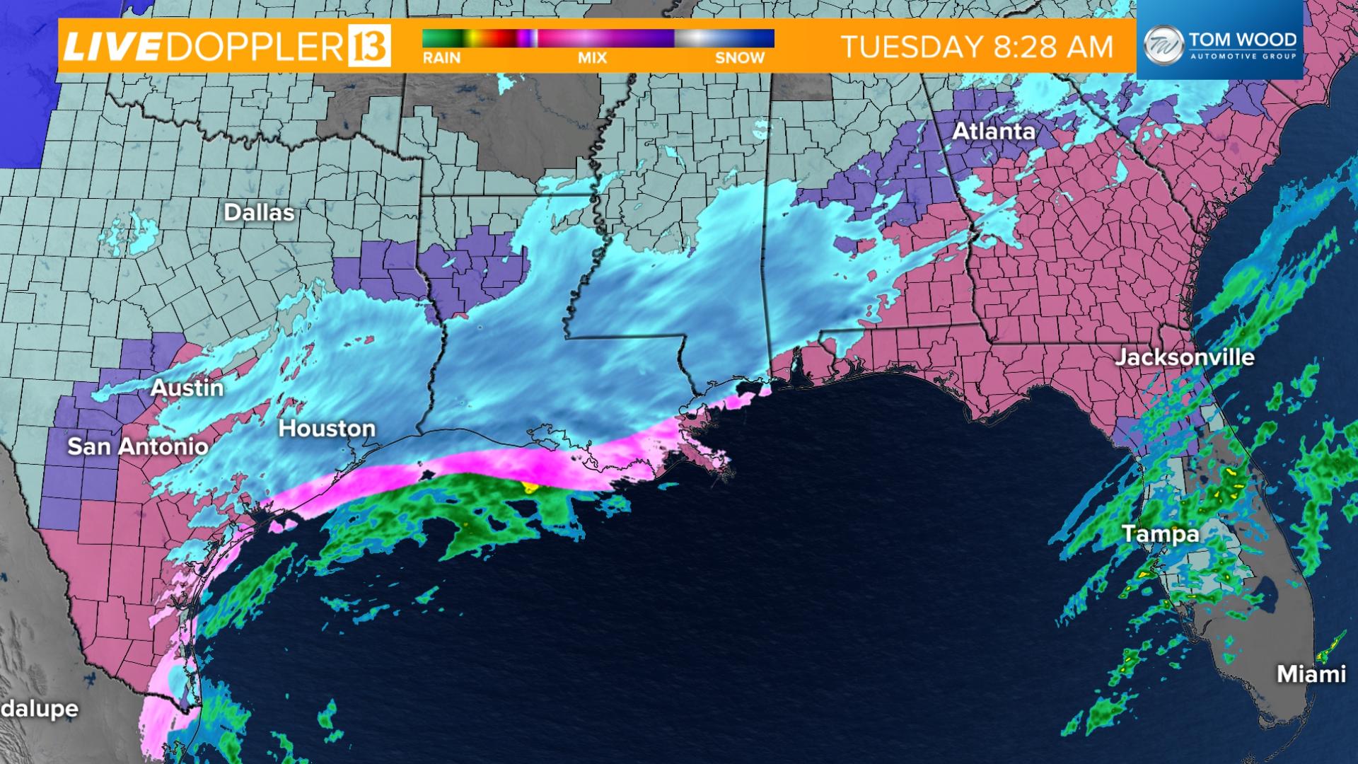 Rare blizzard moves along the Gulf Coast, 750 miles south of ...