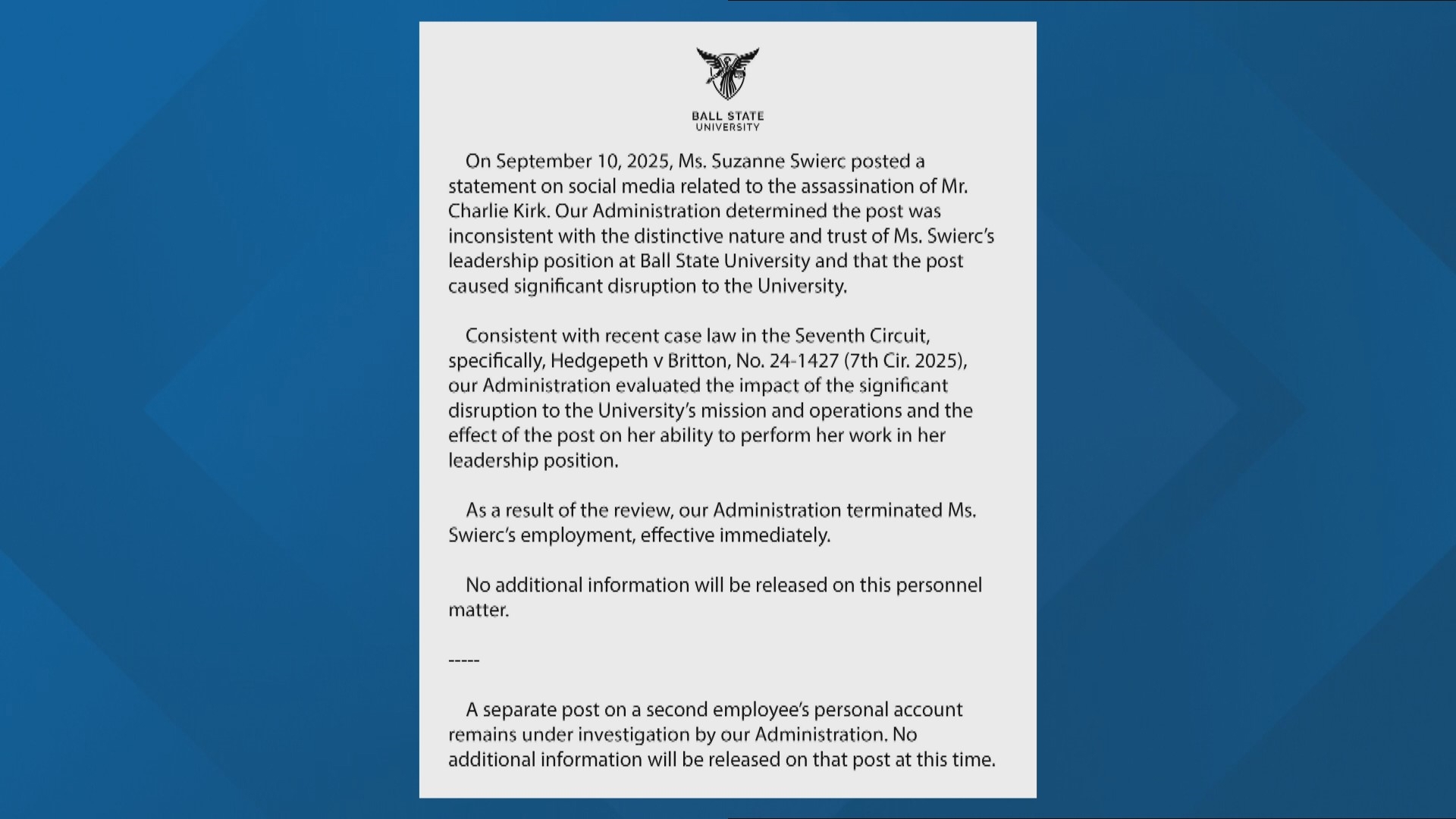 Ball State president facing lawsuit for firing employee over Charlie ...