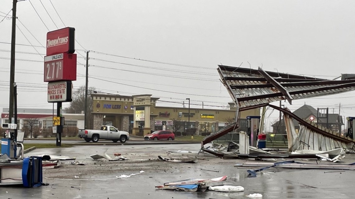 Trash truck crashes into gas station canopy in Lawrence | wthr.com