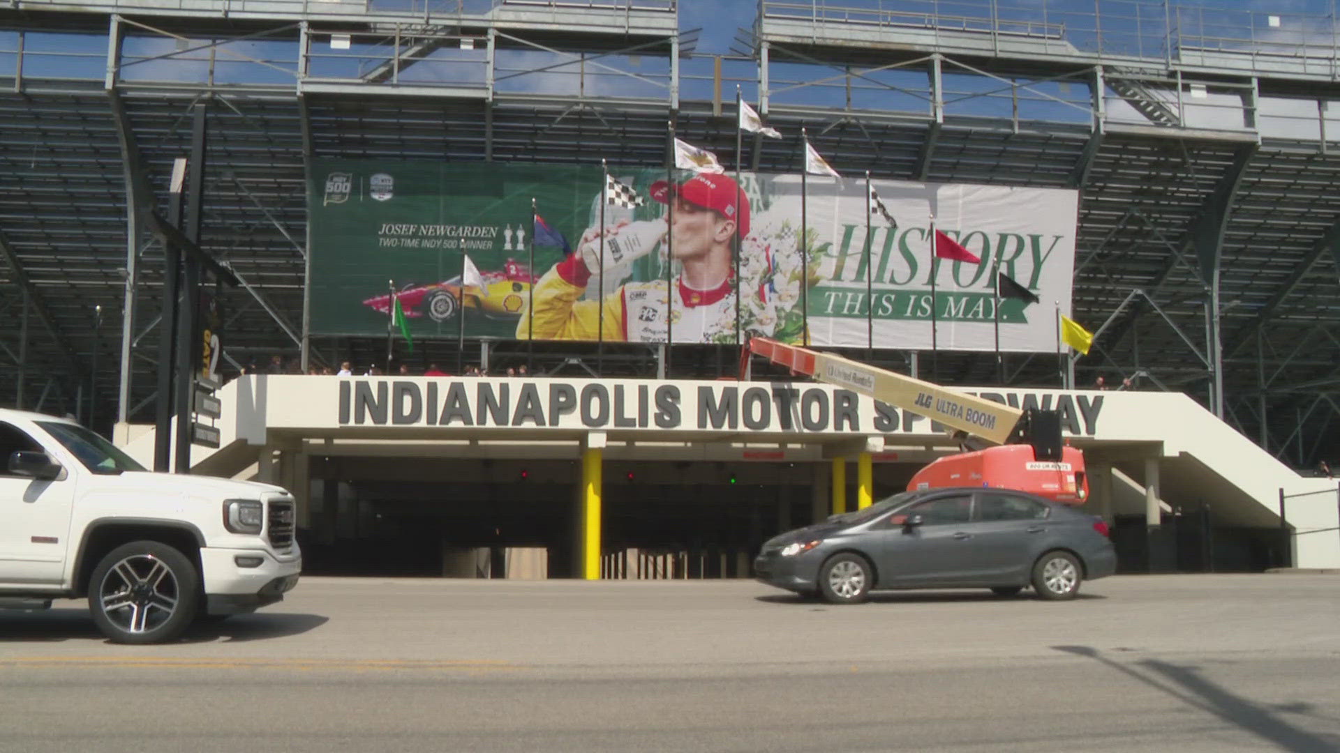 Banner celebrating Josef Newgarden's back-to-back Indy 500 wins ...