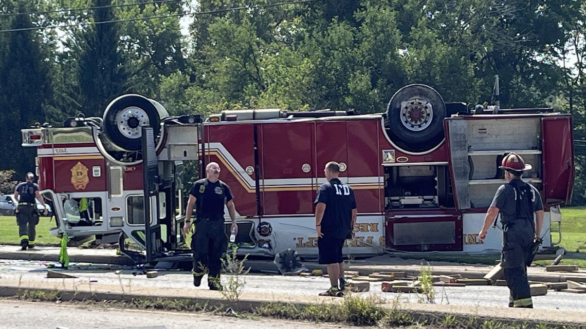 4 firefighters taken to hospital after fire truck overturns | wthr.com