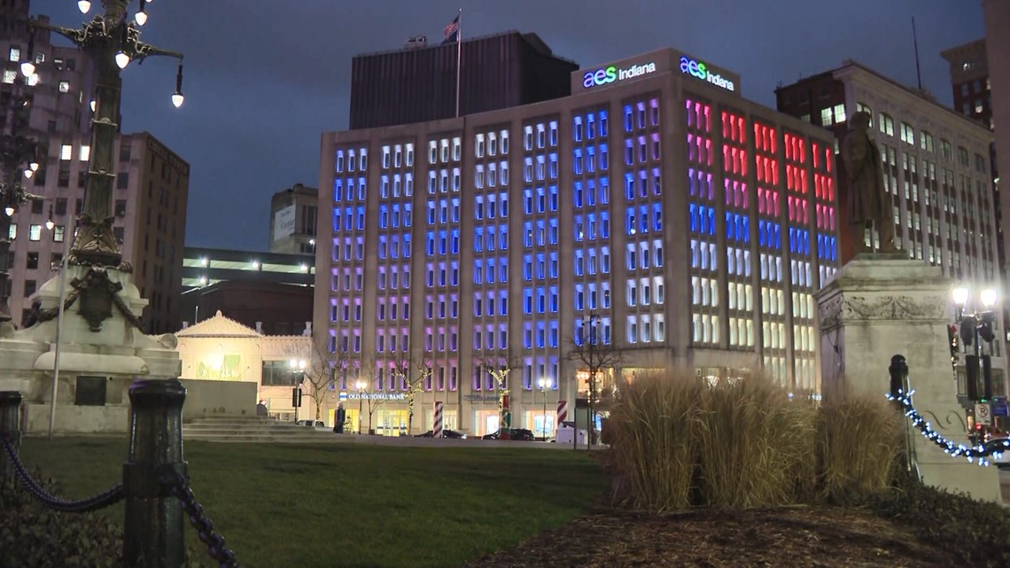 AES building going blue and red for Damar Hamlin | wthr.com