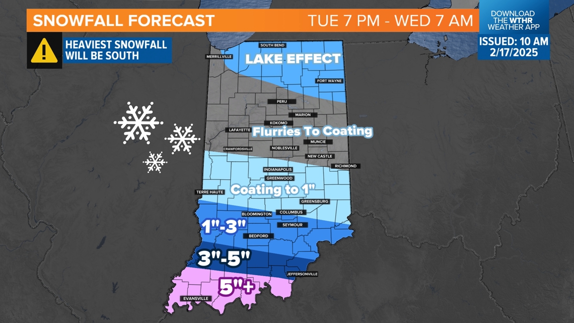 Early look at the timing and snowfall chance Tuesday night for Indiana ...