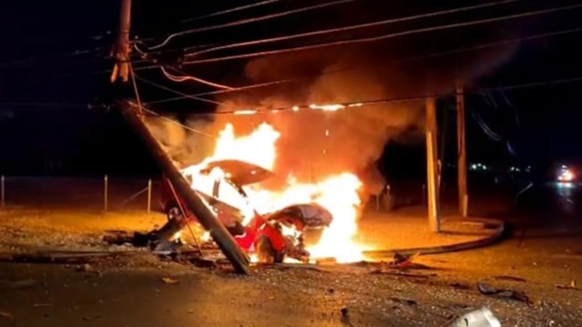 Car crashes into utility pole, catches fire in Speedway | wthr.com