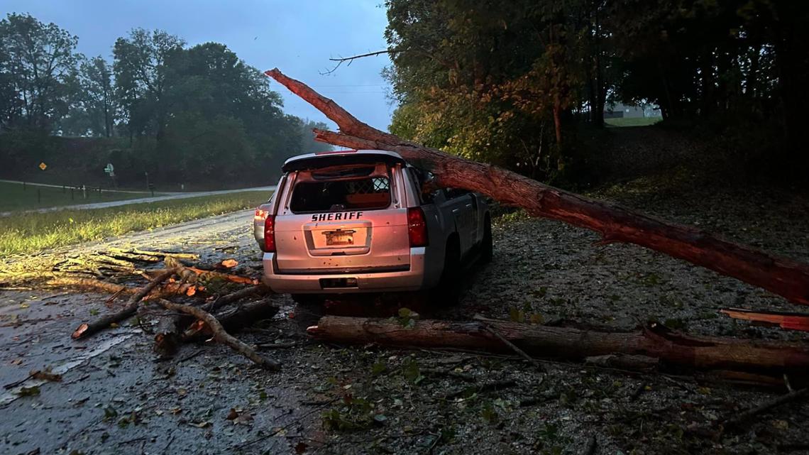 Sheriff's department SUV struck by falling tree. | wthr.com