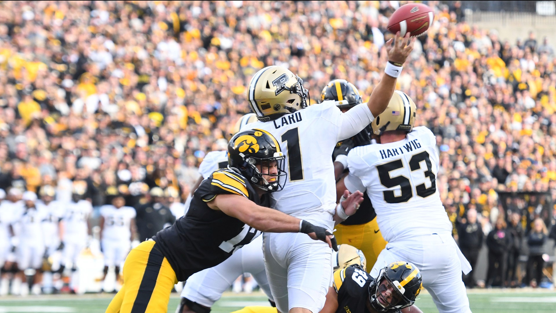 Purdue Boilermakers lose 20-14 to Iowa, Card sacked 6 times | wthr.com