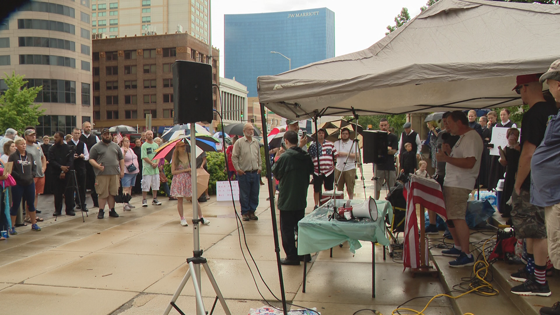 Demonstrators gathered downtown Sunday to protest mask rules. | wthr.com
