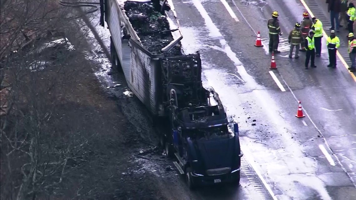 Beer truck goes up in flames, shuts down I-395 for hours | fox61.com
