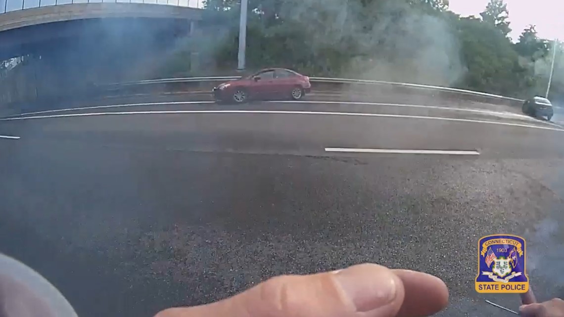 Connecticut State Police cruiser hit by car sliding on wet road | fox61.com